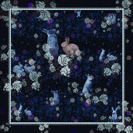 VASSILISA Scarf in Midnight Blue Colour Bunnies and Florals Print
